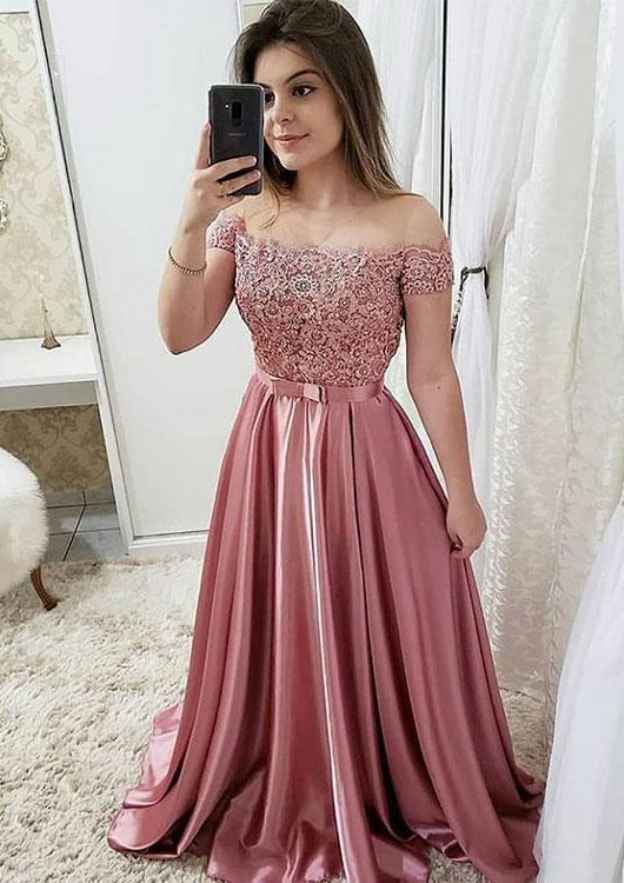 Off-the-Shoulder Short Sleeve Long/Floor-Length Charmeuse A-line ...