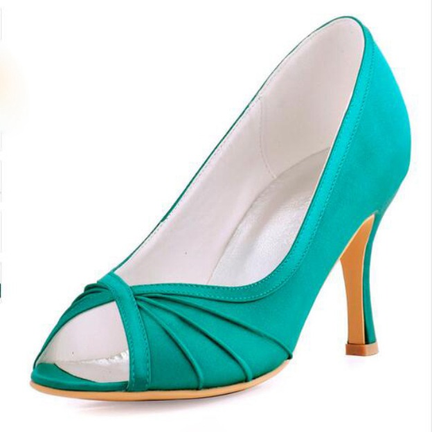 Sandals Peep Toe Spool Heel Multi Color Satin With Pleated Wedding Shoes