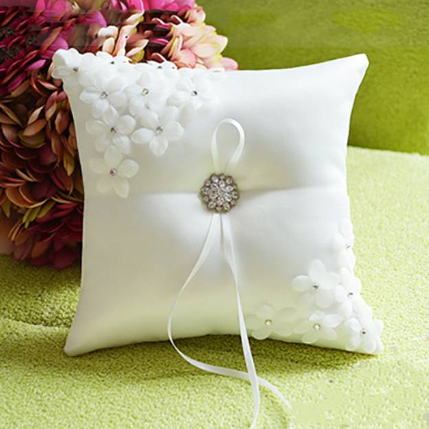 Chic Satin Flower Rhinestone Wedding Ring Pillow