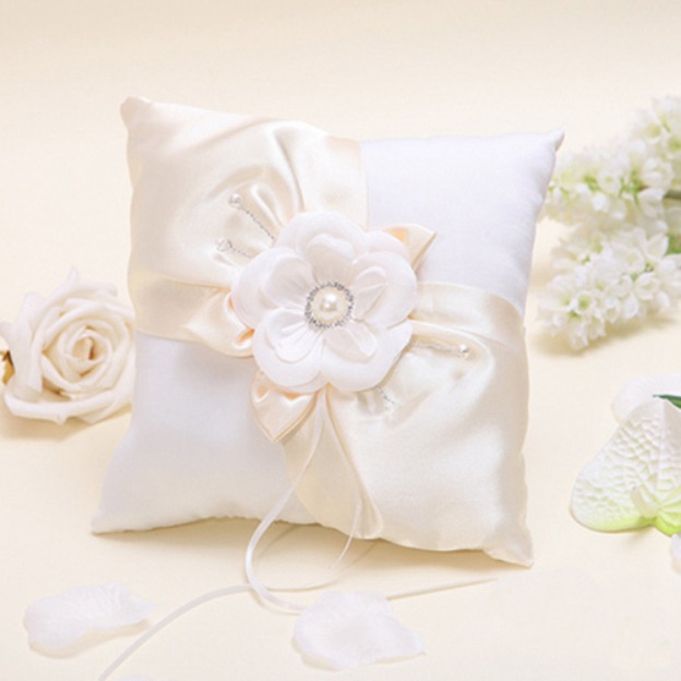 Satin Flower Rhinestone Pearl Wedding Ring Pillow