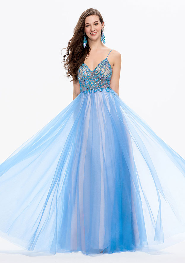 A-line V Neck Sleeveless Tulle Long Prom Dress With Beading Sequins ...