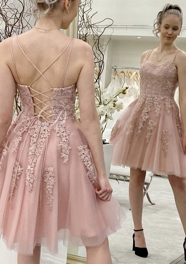 A-line Scoop Neck Sleeveless Lace Tulle Short/Mini Homecoming Dress ...