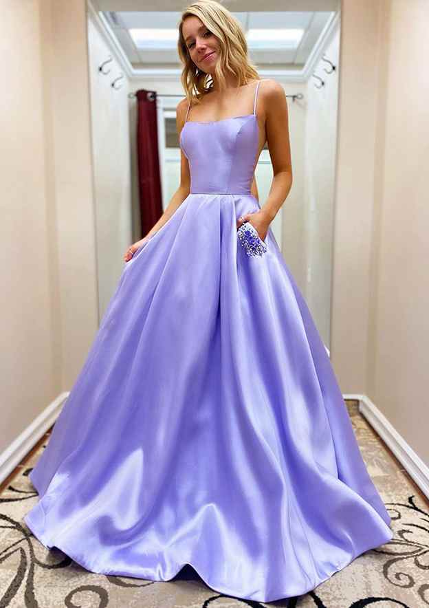 A-line Square Neckline Spaghetti Straps Sweep Train Satin Prom Dress ...