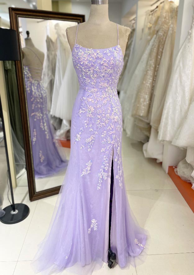 Sheath/Column Square Neckline Spaghetti Straps Long/Floor-Length Tulle ...