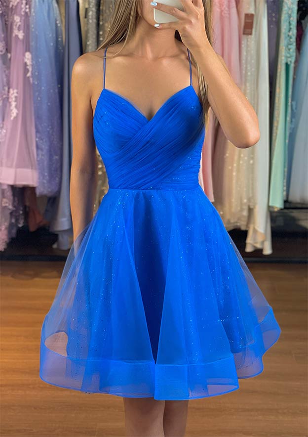 A-line V Neck Sleeveless Short/Mini Tulle Homecoming Dress with Pleated ...