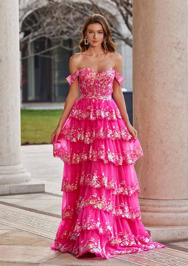 Princess A-line Tulle Prom Dress Off-the-Shoulder Sweep Train with ...