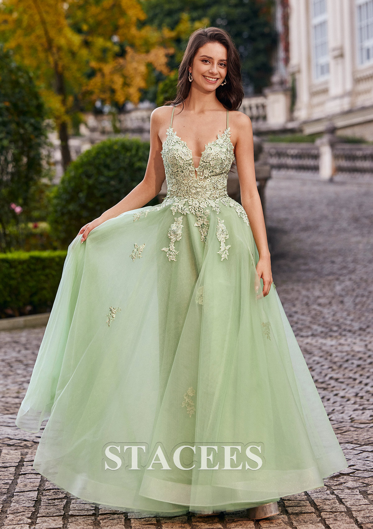 A-line Princess V Neck Sleeveless Floor-Length Tulle Prom Dress with ...