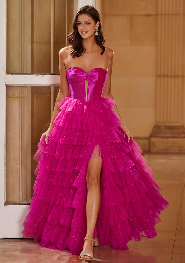 Ball Gown Strapless Keyhole Tiered Corset Glitter Tulle Floor-Length ...