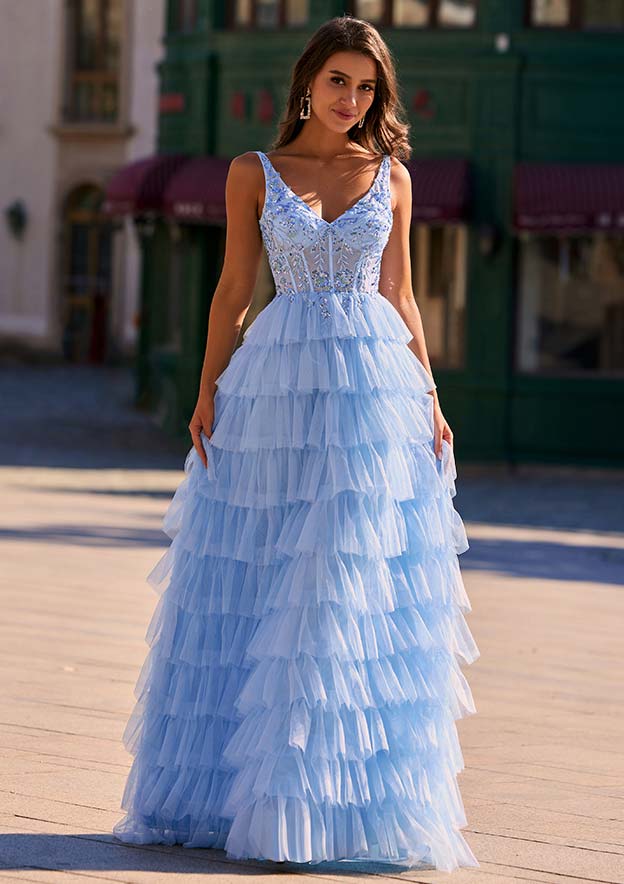 A-line Princess Tulle Prom Dress V Neck Sweep Train with Appliqued ...