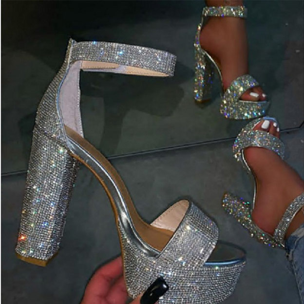 Peep Toe Heels Sandals PU with Ankle Strap Rhinestone Women's Party ...